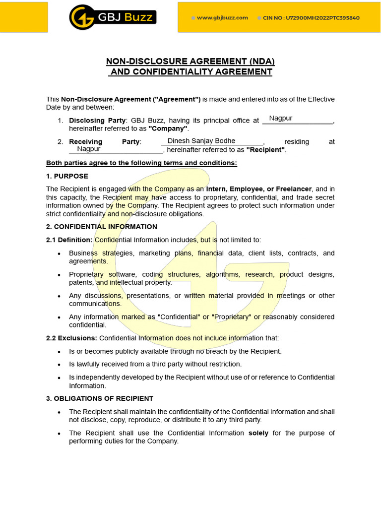 NDA Form | PDF | Non Disclosure Agreement | Trade Secret