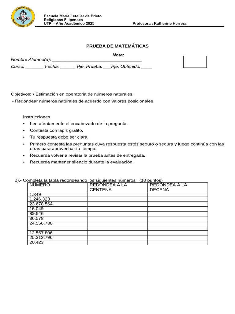 Prueba Redondeo y Estimación | PDF