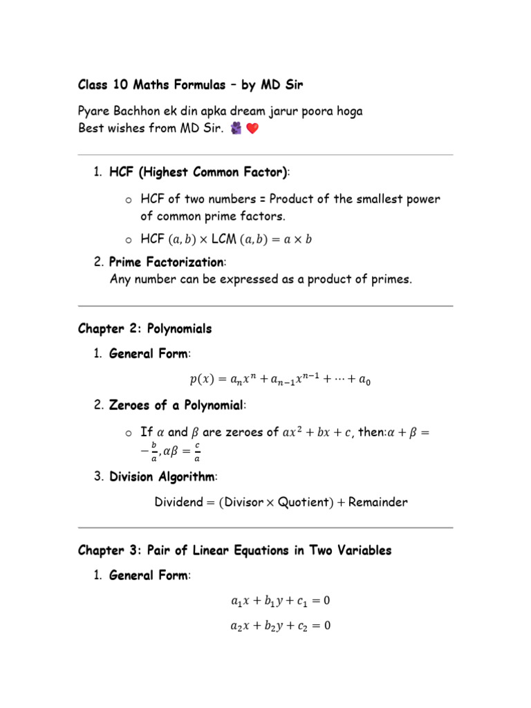 Class 10 Maths Formula Sheet by MD Sir | PDF | Factorization | Polynomial