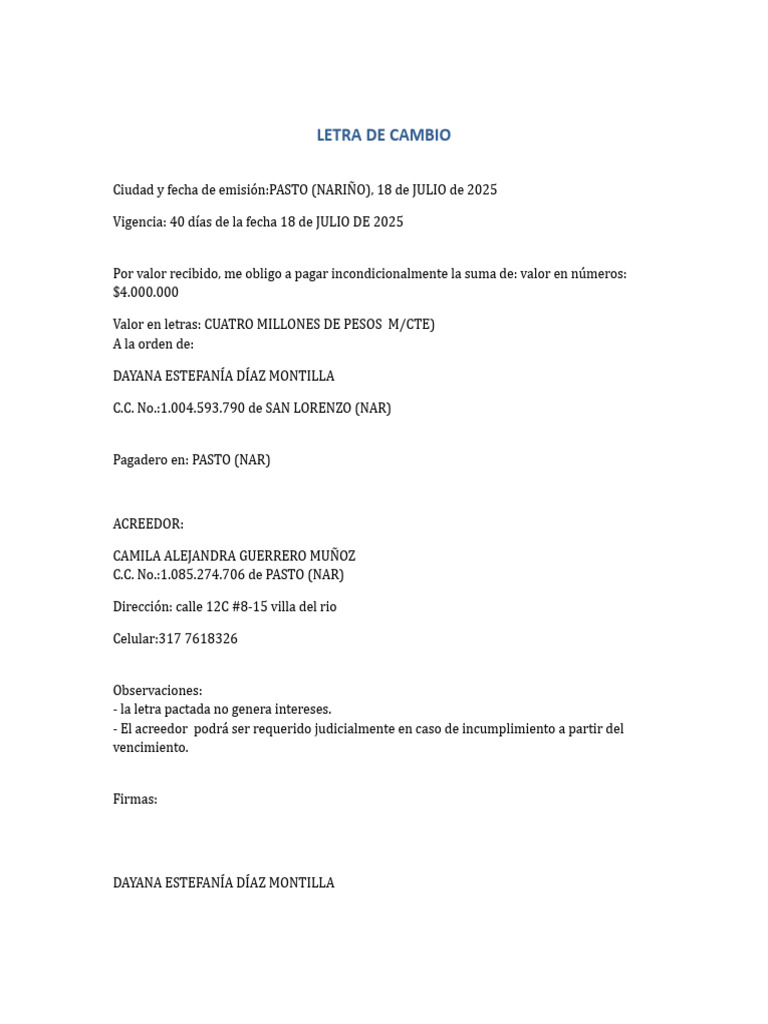 Letra de Cambio 2025 Sin Intereses-1 | PDF