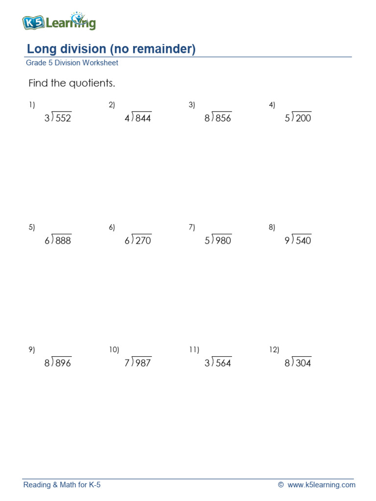 Grade 5 Long Division 4x1 Digit No Remainder A | PDF