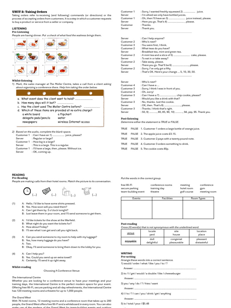 UNIT 2 Taking Orders | PDF | Foods | Cuisine