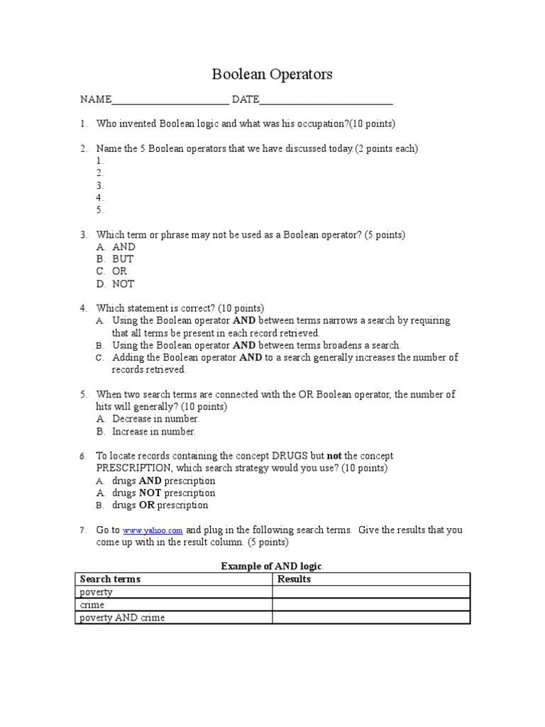 Boolean Operators Worksheet | PDF | Boolean Algebra | Teaching Mathematics