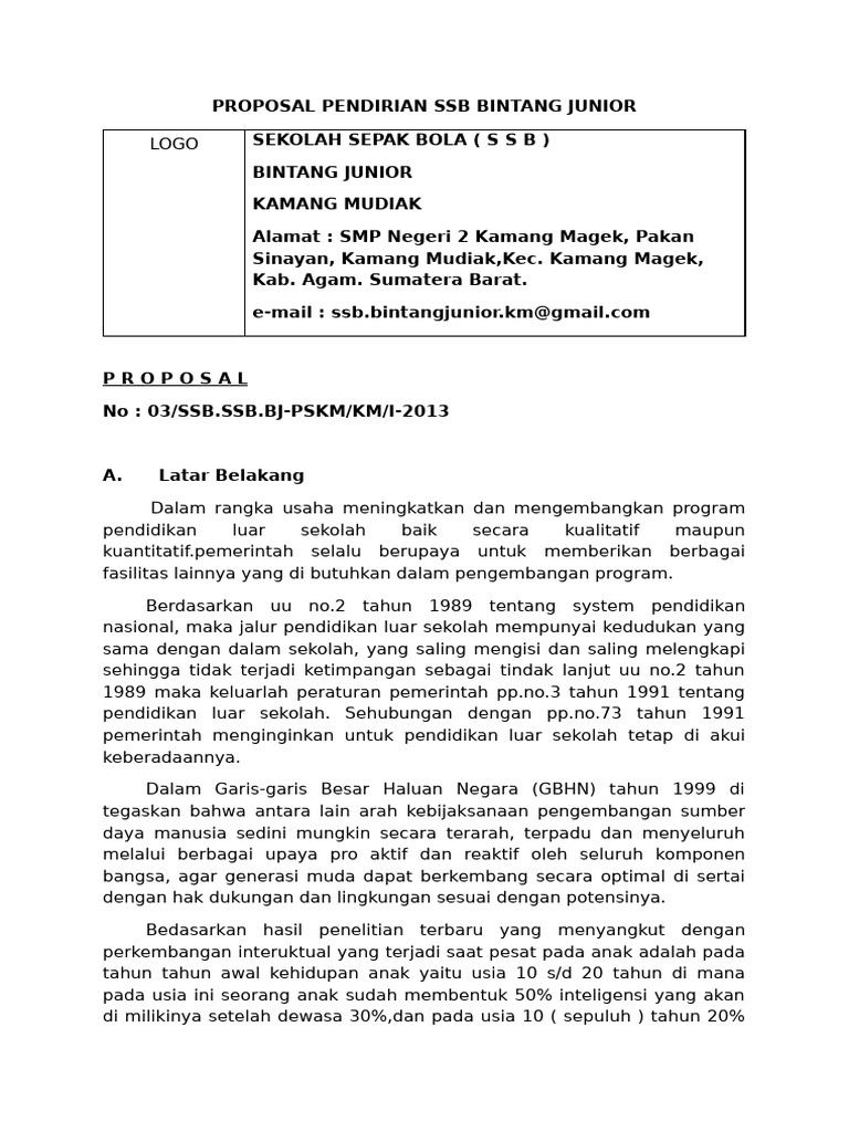 Contoh PROPOSAL PENDIRIAN SSB BINTANG JUNIOR | PDF