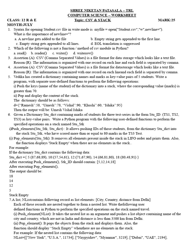 g12 Cs Worksheet (CSV & Stack) 2025-2026 | PDF | Comma Separated Values | Computer Programming