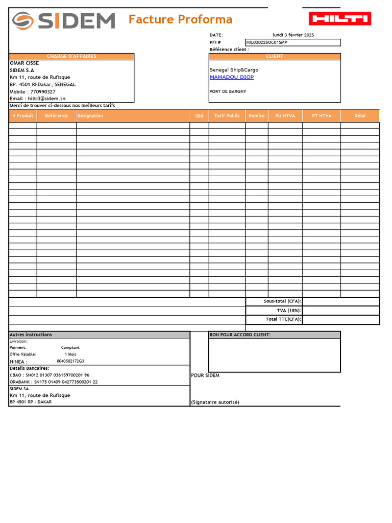Tarifs Proforma pour SIDEM S.A. Sénégal | PDF