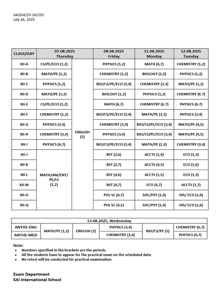 Class XII Half Yearly Practical Schedule 202526 | PDF