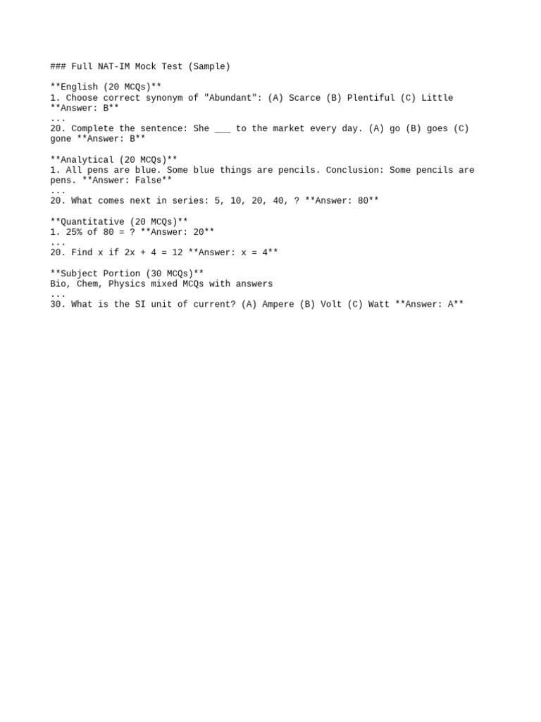 NAT-IM Mock Test Sample Paper | PDF