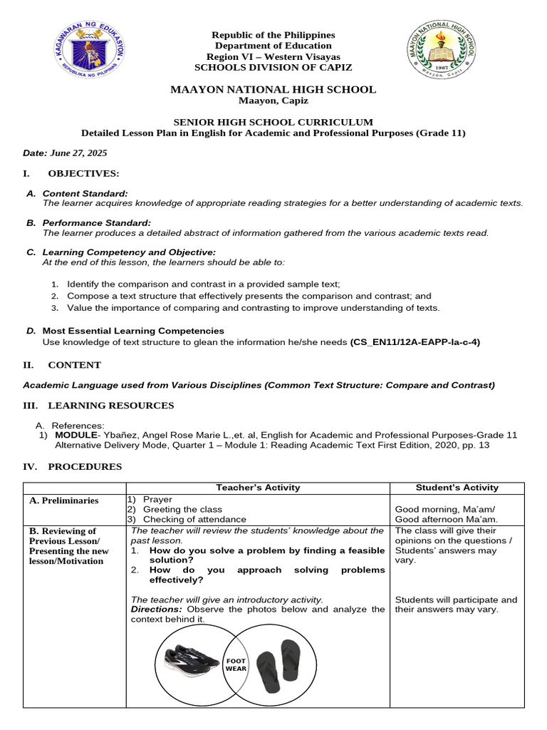 Grade 11 English Lesson Plan: Compare & Contrast | PDF | Learning ...