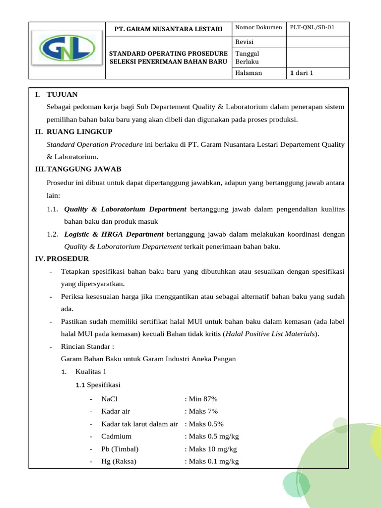 Sop Seleksi Penerimaan Bahan Baru | PDF