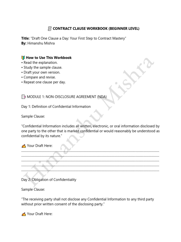 Contract Clause Workbook for Beginners | PDF | Non Disclosure Agreement ...