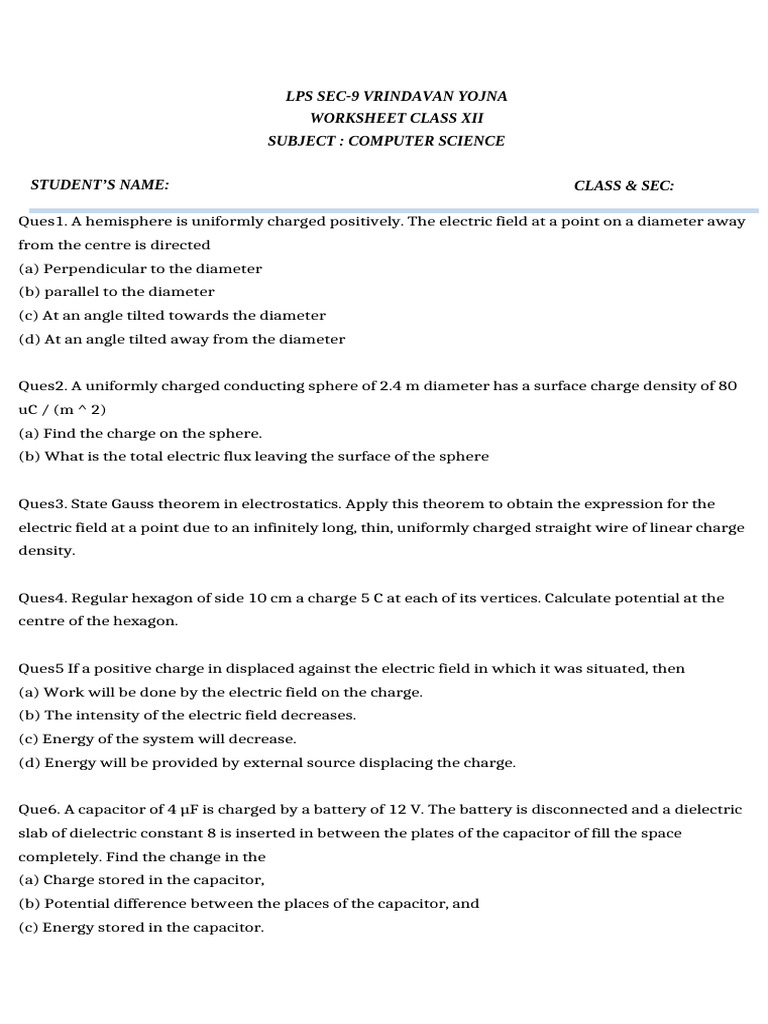 Class XII Computer Science Worksheet | PDF | Capacitor | Electric Field