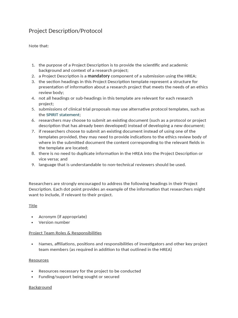 Project Description or Protocol Template - Greater Than Low Risk ...