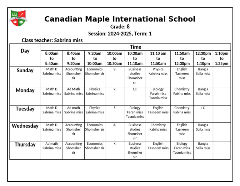 Grade 8 Class Schedule 2024-2025 | PDF