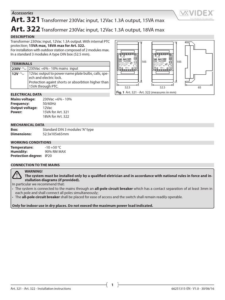 Videx Art. 321 Transformer Installation Guide | PDF | Mains Electricity ...