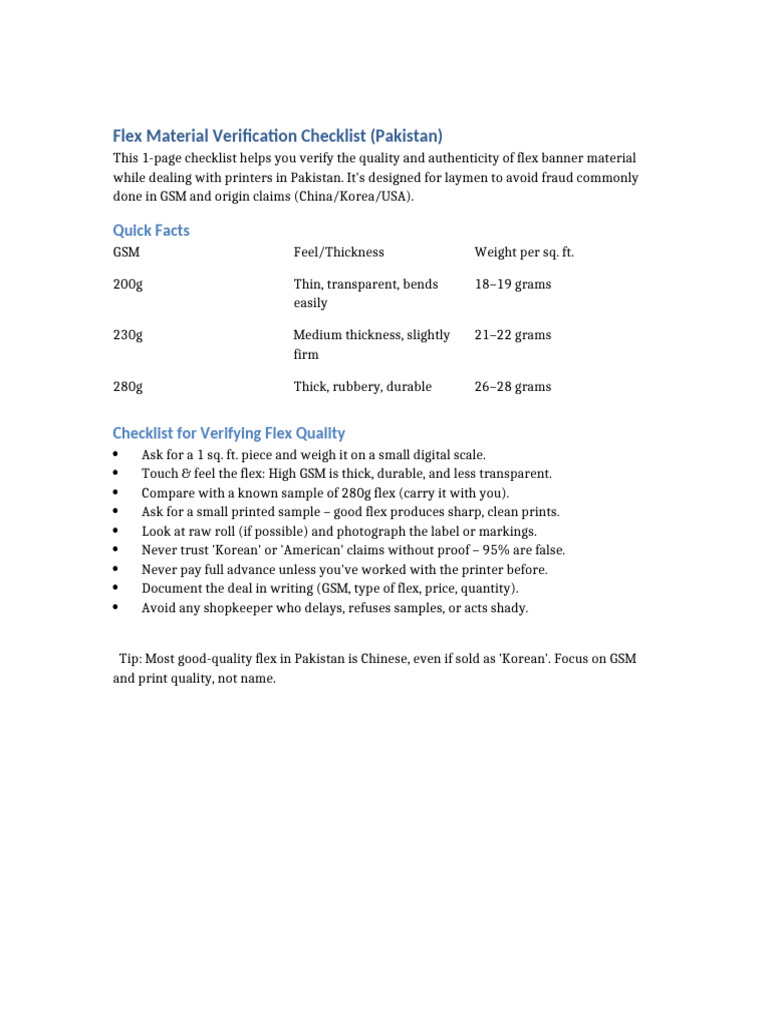Flex Verification Checklist Pakistan | PDF