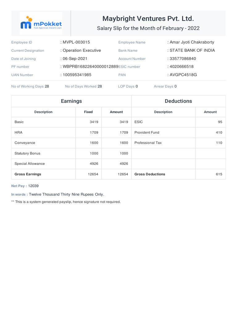 February 2022 Salary Slip - Maybright Ventures | PDF