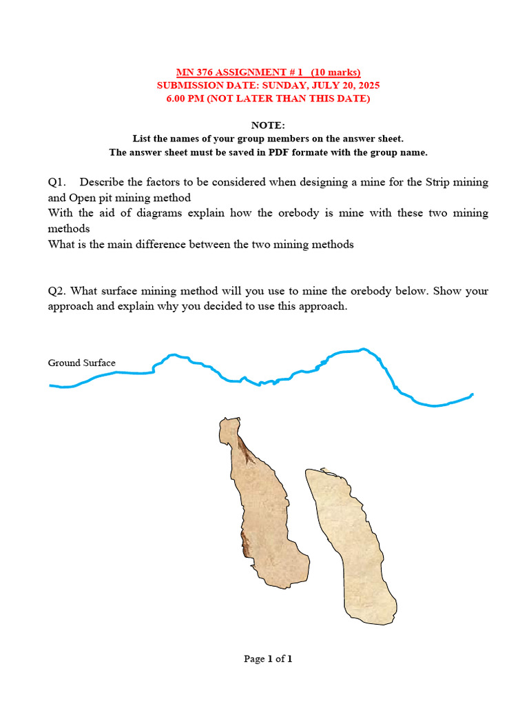 MN 376 - Surface Mine Planning and Design - Assignment 1 - July 10, 2025 | PDF