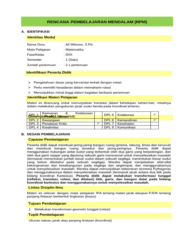 Kls 9 - Modul Ajar - Transformasi Geometri - 3 | PDF