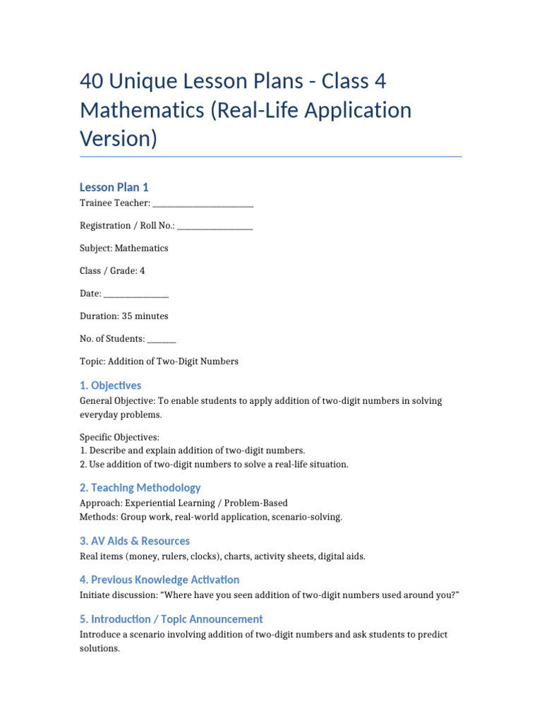 40 Unique Lesson Plans Real Life Version Class 4 Math | PDF ...