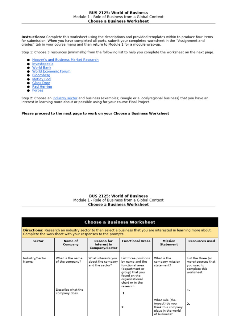 Choose A Business - Worksheet Mod 1 BUS 2125 | PDF