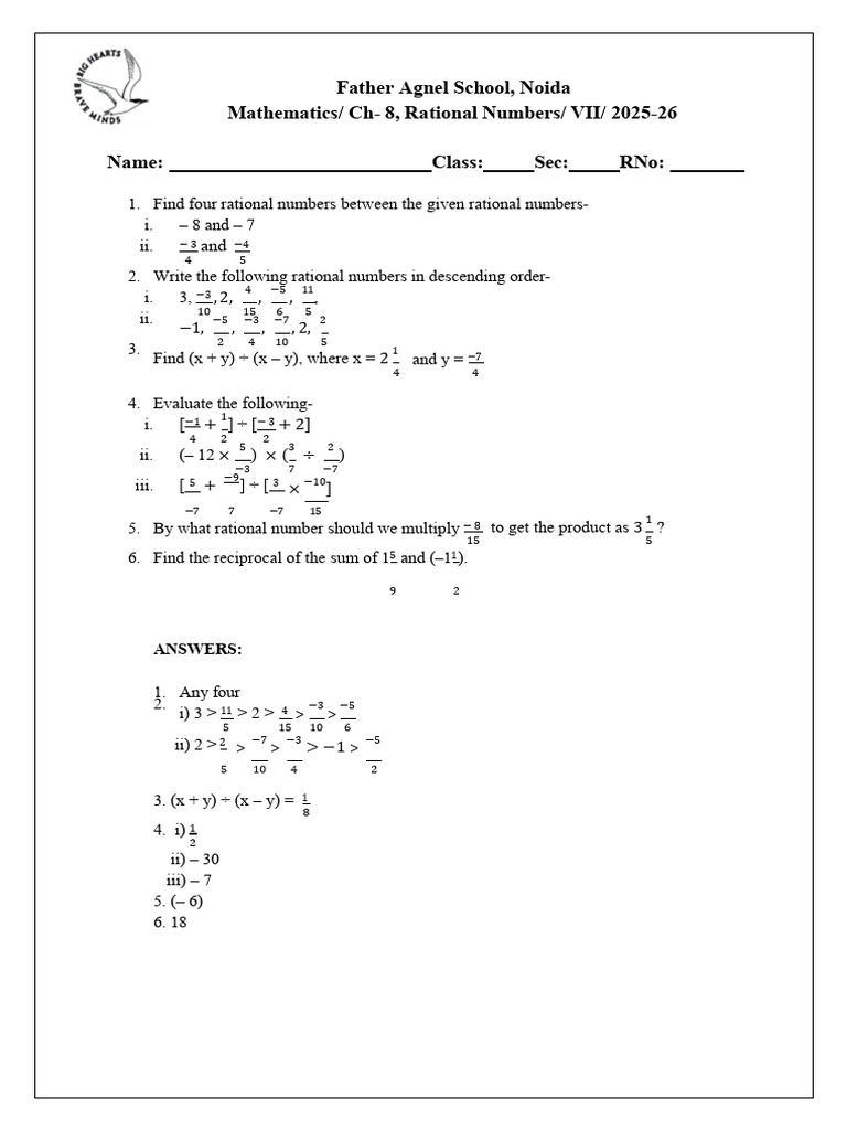 Rational Numbers Practice Answers | PDF