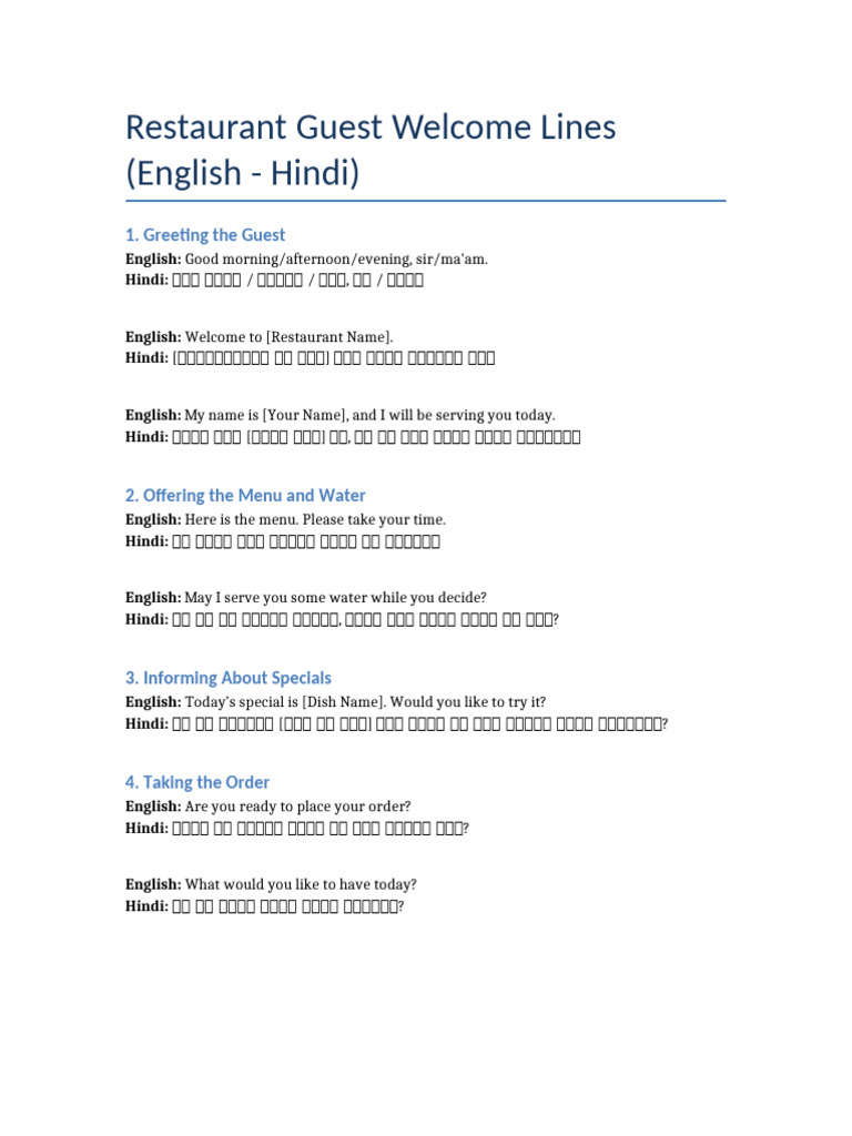 Restaurant Guest Welcome Lines English Hindi | PDF