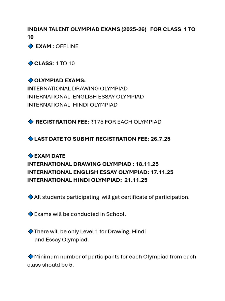 Indian Talent Olympiad 2025-26 | PDF