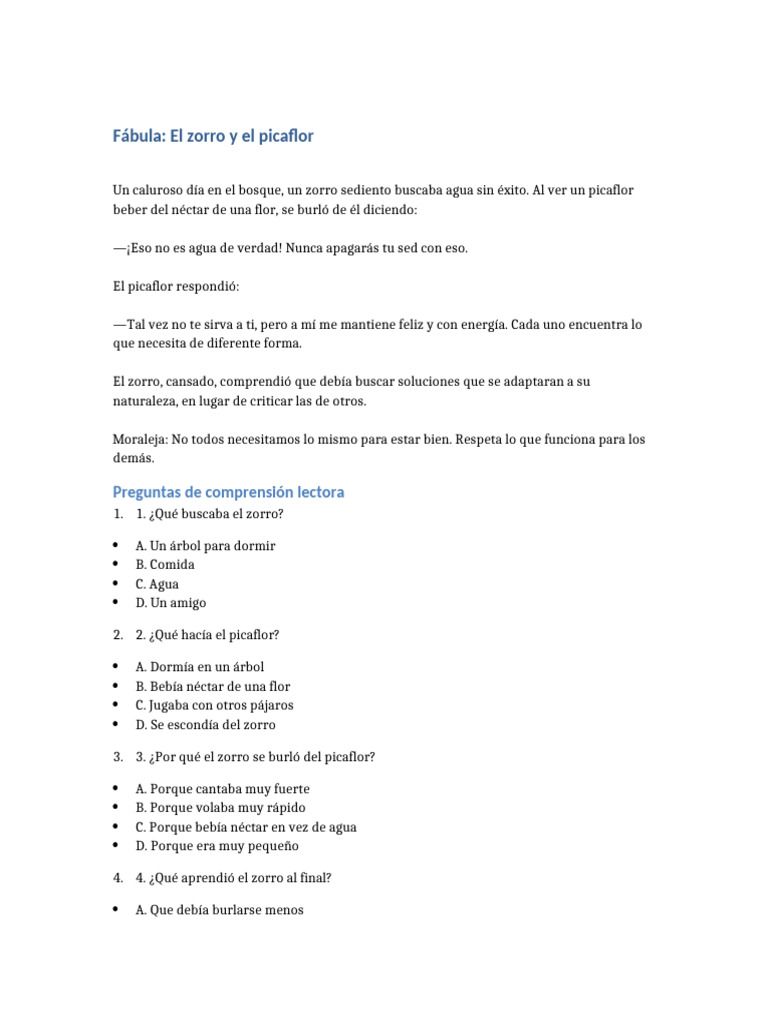 Comprensión 3B Fabula Zorro Picaflor | PDF