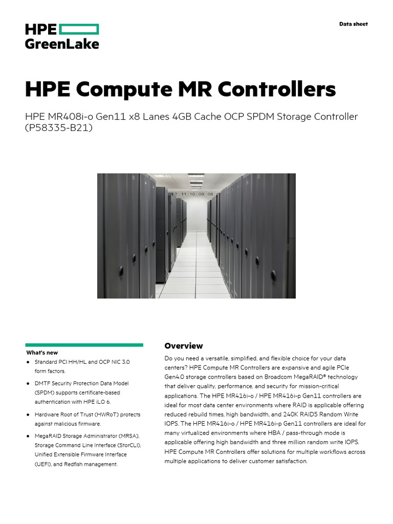 HPE MR408i-o Gen11 x8 Lanes 4GB Cache OCP SPDM Storage Controller Data ...