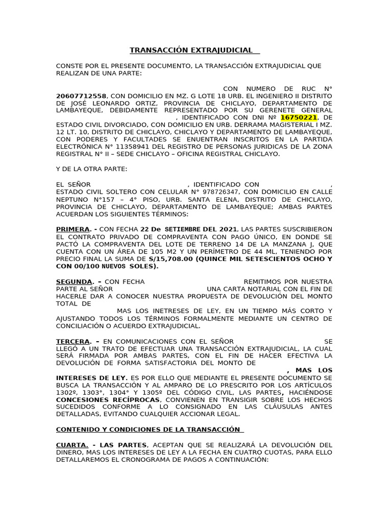 Transacción Extrajudicial | PDF
