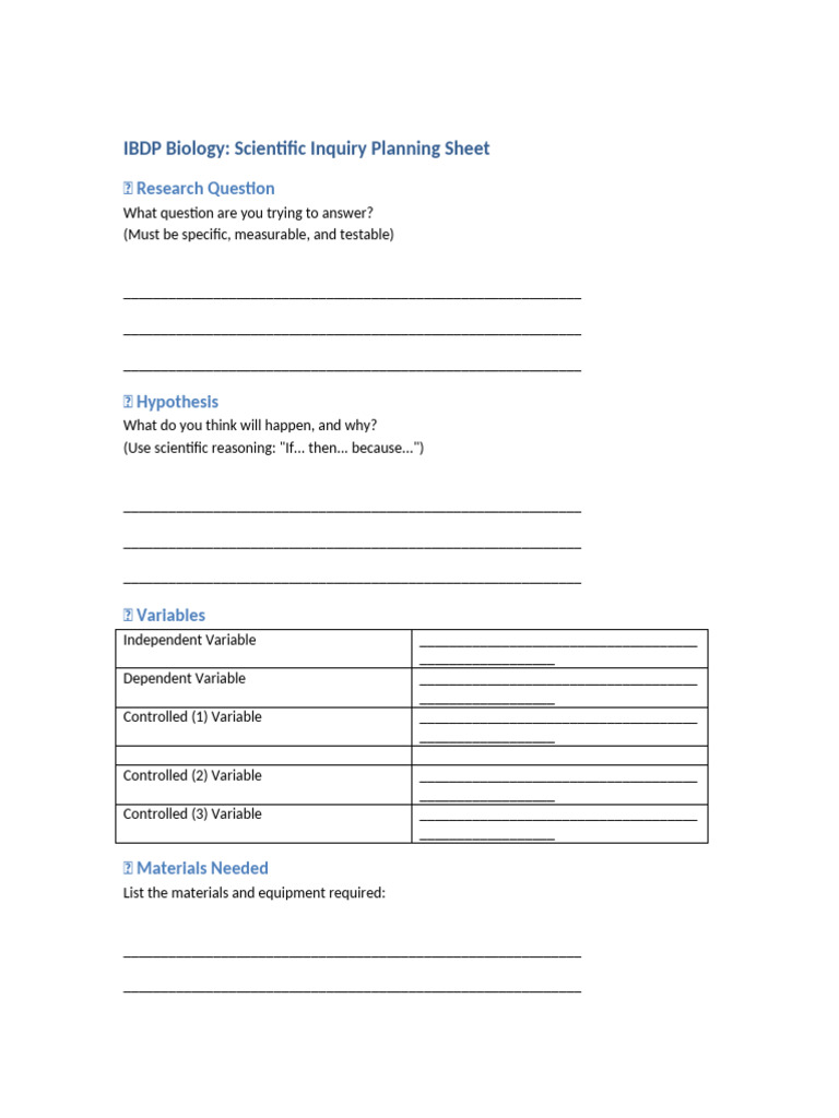 IBDP Biology Inquiry Planning Sheet | PDF | Scientific Method | Methodology