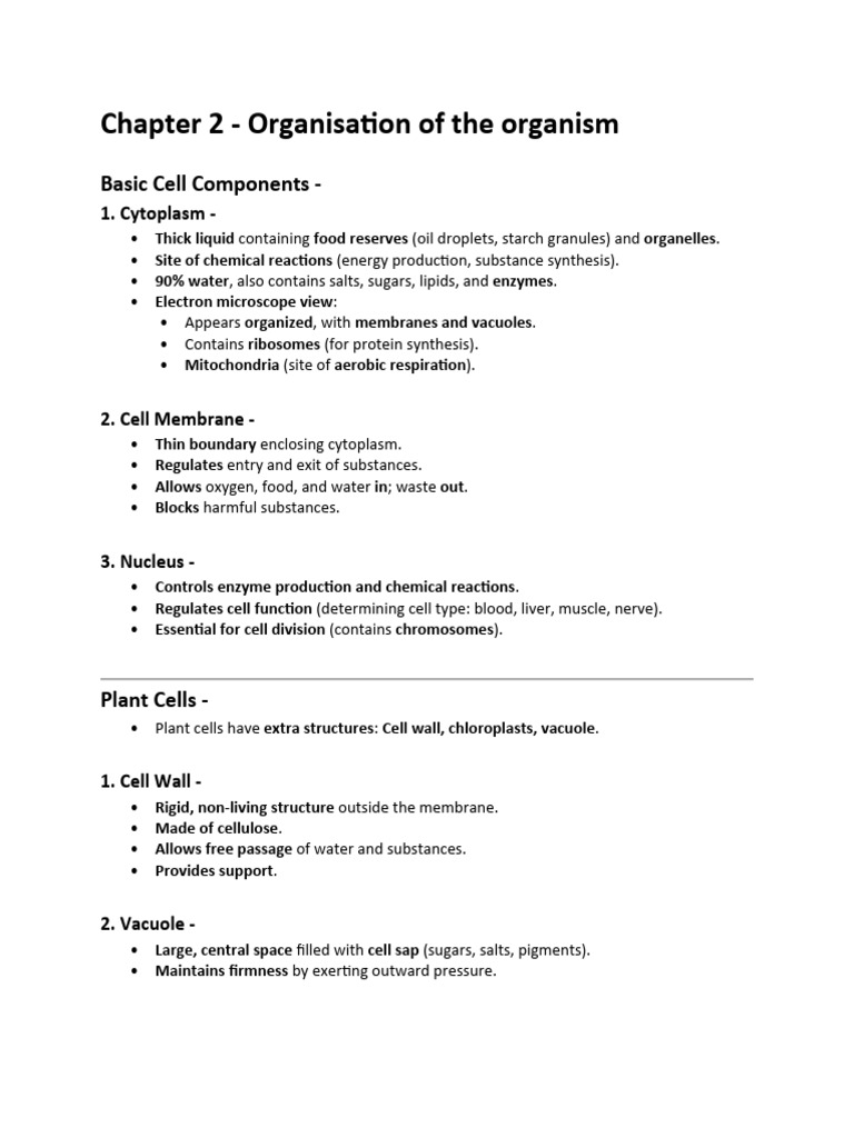 Chapter 2 - Organisation of The Organism | PDF | Cell (Biology) | Cytoplasm