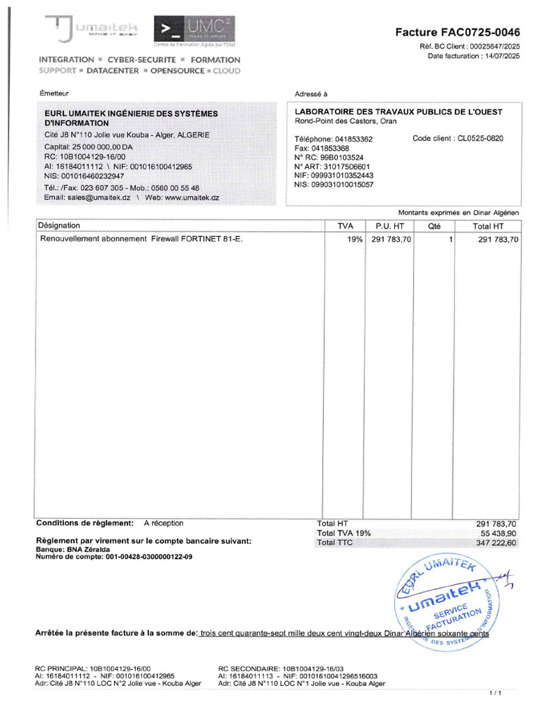 Facture Fac0725-0046 Laboratoire Des Travaux Publics de L'ouest | PDF