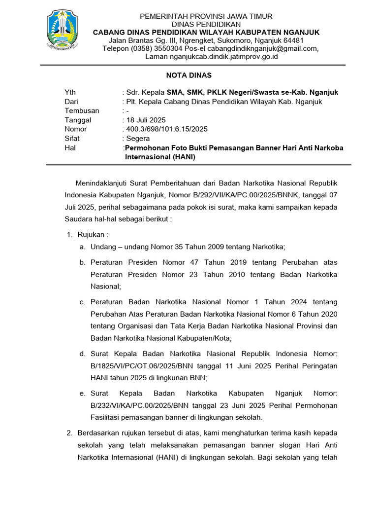 Notdin Permohonan Foto Bukti Pemasangan Banner Hari Anti Narkotika Internasional (Hani) | PDF