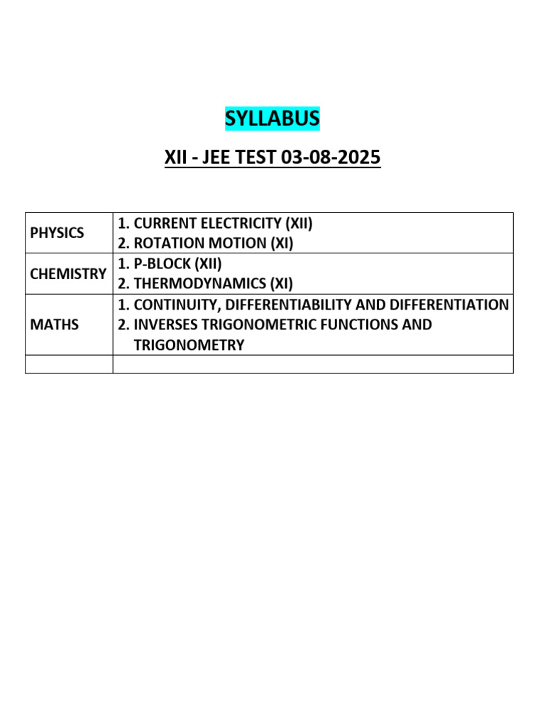 Xii Jee Syllabus 03-08-2025 | PDF
