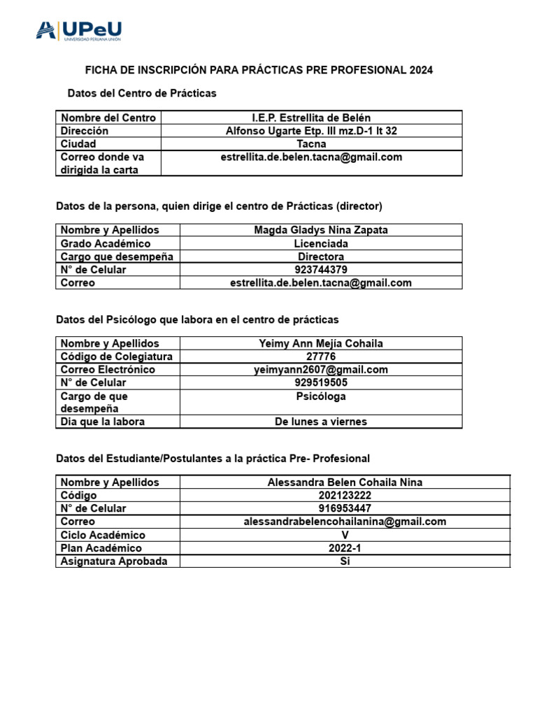 Ficha de Inscripción PPF - 2024 | PDF | Sicología