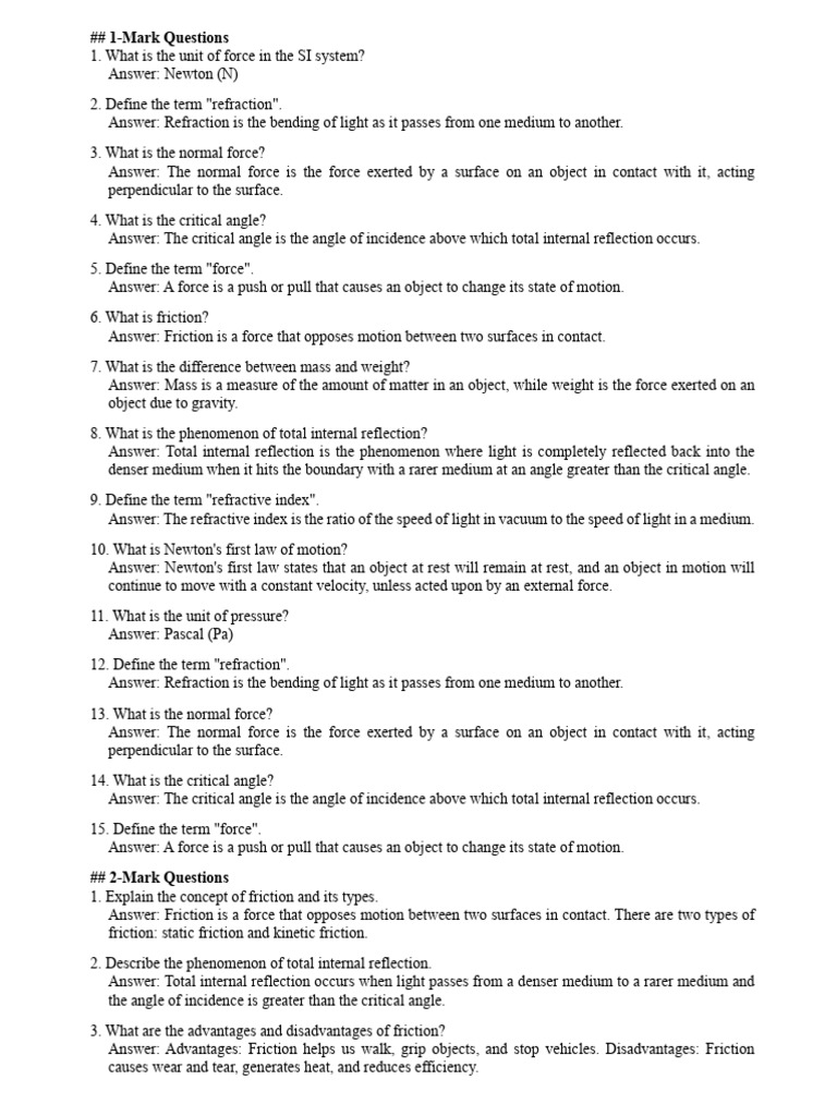 Class 10, Physics Questions For Preparation | PDF | Force | Refraction