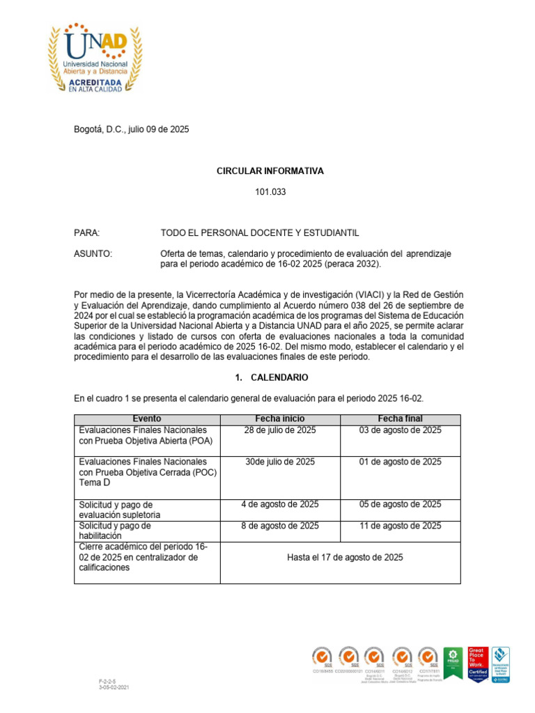 1.. CIRCULAR VIACI No. 101.033 - 2025 - Oferta Evaluaciones 2032 1602 2025 | PDF | Contabilidad ...