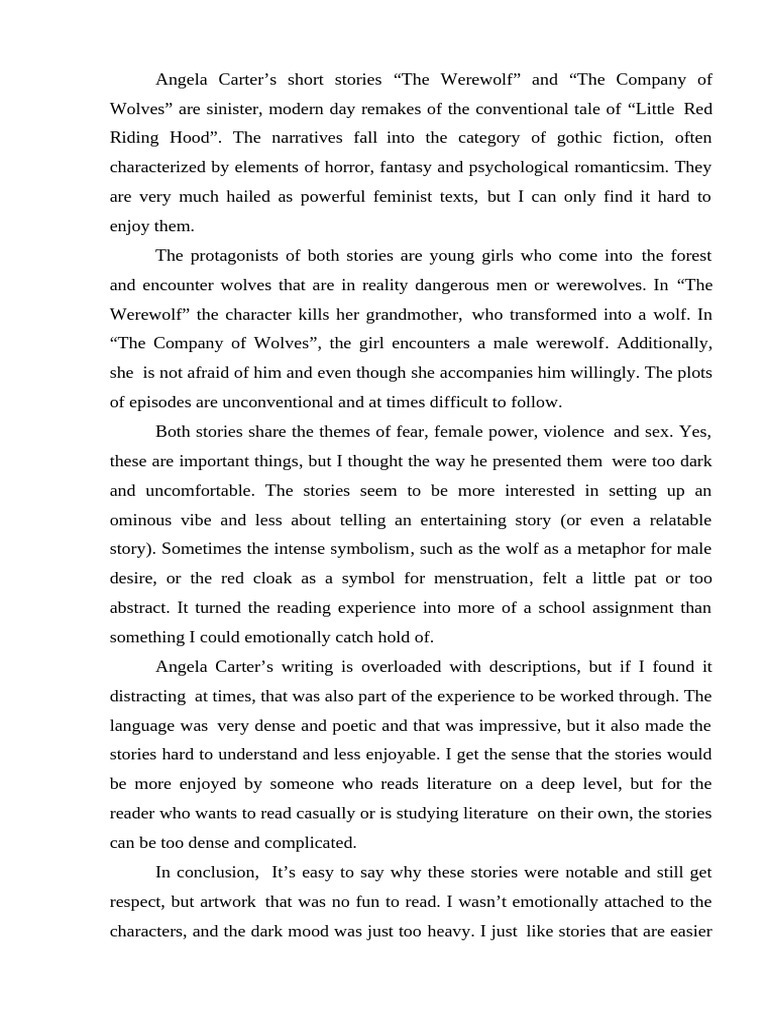 Angela Carter The Werewolf and The Company of Wolves | PDF
