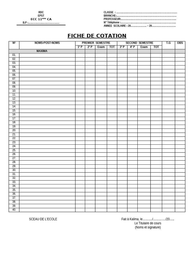 Fiche de Cotation Scolaire 2023 | PDF