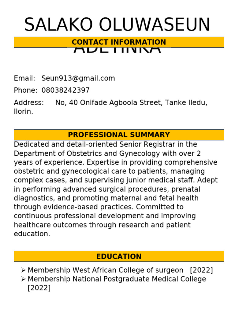 Salako Oluwaseun Adeyinka Resume Now | PDF | Obstetrics | Childbirth