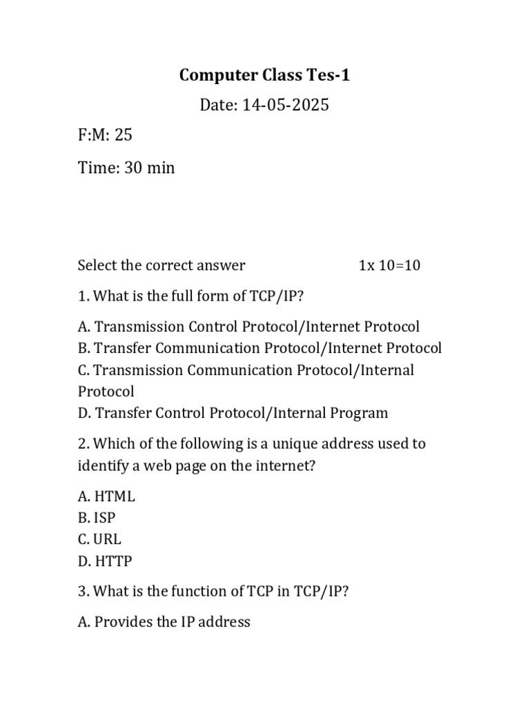 Class 10 Computer Class Test 1 | PDF