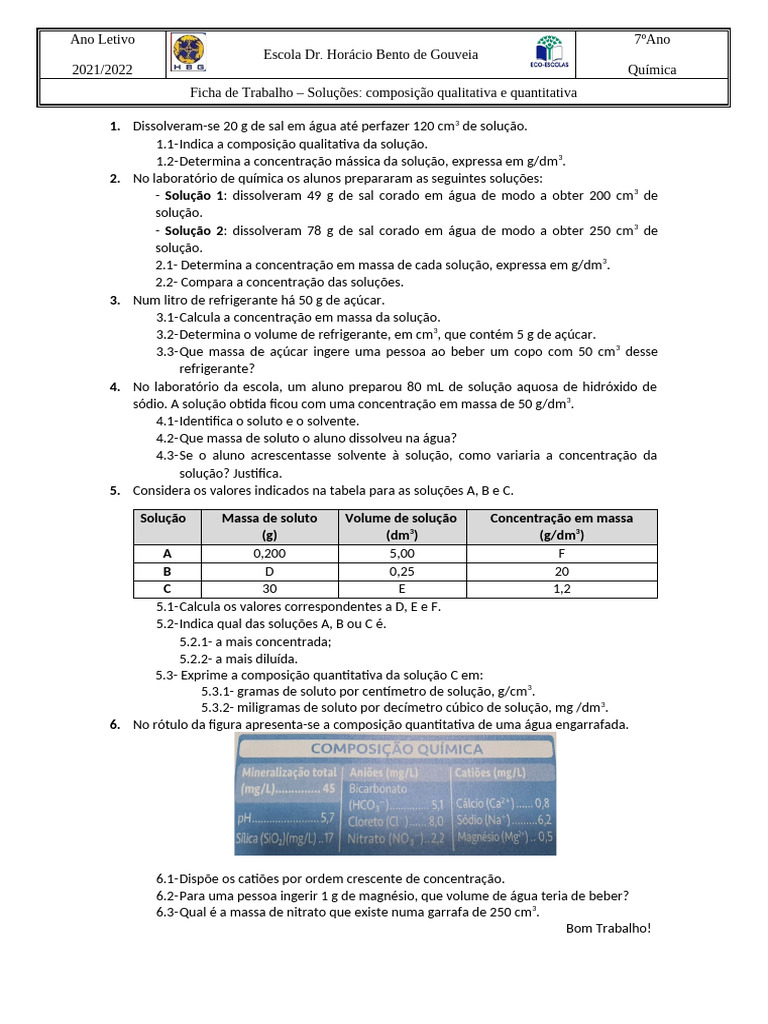 Concentração Mássica em Soluções Químicas | PDF | Concentração ...