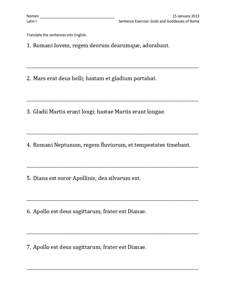 Declarative Sentence Exercise - Gods and Goddesses of Rome | PDF