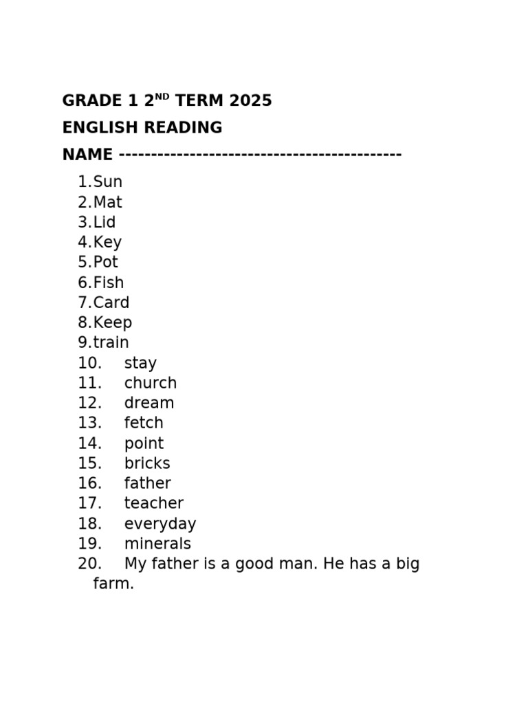 Grade 1 English Reading & Spelling List | PDF