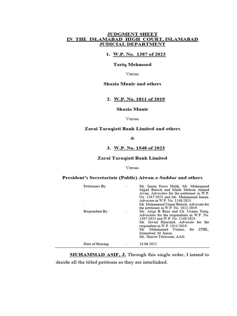W.P. No. 1387 of 2023 Tariq Mehmood v. Ms. Shazia Harrasment 6666 638869925575461282 | PDF ...