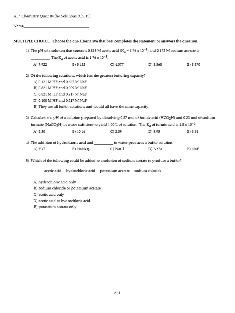 Buffer Solutions Quiz Analysis | PDF