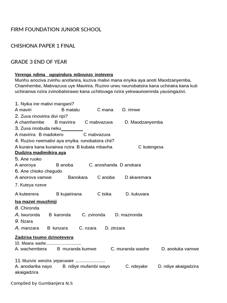 Grade 3 Shona P 1 Final 2024 | PDF | Chess Theory | Chess Openings