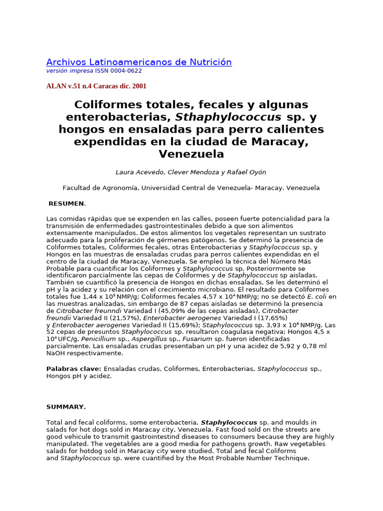 Coliformes Totales y Fecales en Venezuela Scielo | PDF | Alimentos ...